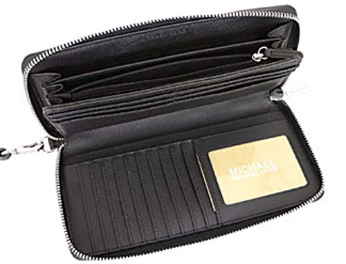 Michael Kors Jet Set Travel Continental Zip Around Leather Wallet Wristlet (Black PVC/Silver Hardware)