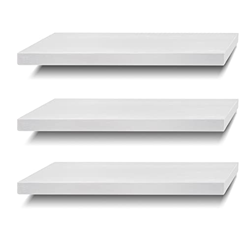 SAUMONIERES Floating Shelves Wall Shelf Solid Wood for Bathroom Bedroom Kitchen Wall Decor Set of 3, White Wall Shelves