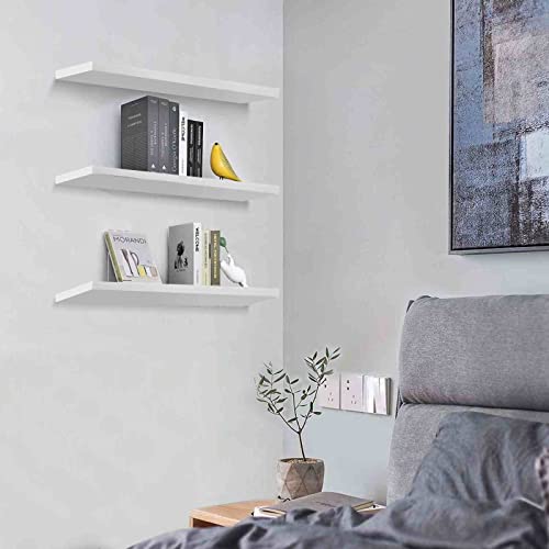 SAUMONIERES Floating Shelves Wall Shelf Solid Wood for Bathroom Bedroom Kitchen Wall Decor Set of 3, White Wall Shelves