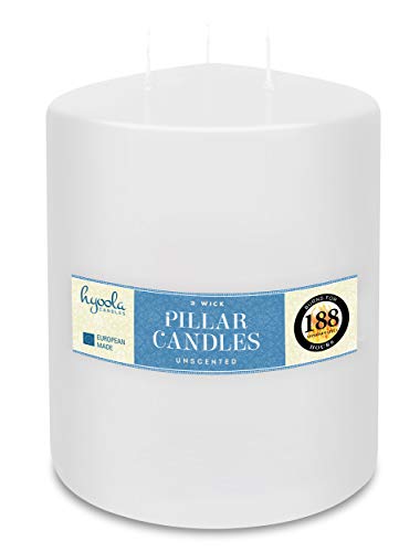 HYOOLA White Three Wick Large Candle - 6 x 8 Inch - Unscented Big Pillar Candles - 188 Hour - European Made