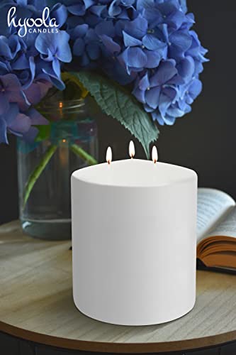 HYOOLA White Three Wick Large Candle - 6 x 8 Inch - Unscented Big Pillar Candles - 188 Hour - European Made