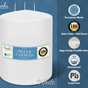 HYOOLA White Three Wick Large Candle - 6 x 8 Inch - Unscented Big Pillar Candles - 188 Hour - European Made