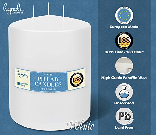 HYOOLA White Three Wick Large Candle - 6 x 8 Inch - Unscented Big Pillar Candles - 188 Hour - European Made