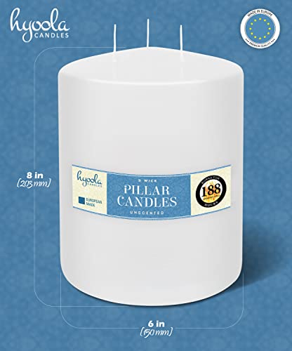 HYOOLA White Three Wick Large Candle - 6 x 8 Inch - Unscented Big Pillar Candles - 188 Hour - European Made