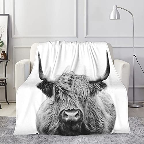 Flannel Highland Cow Blanket for Bed Couch Sofa,Scotland Scottish Horns Bull Cattle Throw Blanket,Soft Cozy Plush Warm Fuzzy White Grey Blanket for Adults Teens Kids 60"x50"