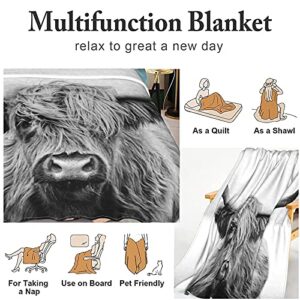 Flannel Highland Cow Blanket for Bed Couch Sofa,Scotland Scottish Horns Bull Cattle Throw Blanket,Soft Cozy Plush Warm Fuzzy White Grey Blanket for Adults Teens Kids 60"x50"