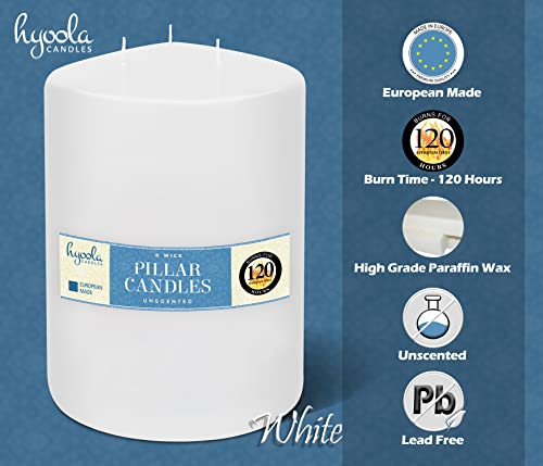 HYOOLA White Three Wick Large Candle - 4.75 x 8 Inch - Unscented Big Pillar Candles - 120 Hour - European Made