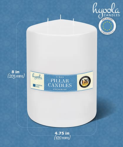 HYOOLA White Three Wick Large Candle - 4.75 x 8 Inch - Unscented Big Pillar Candles - 120 Hour - European Made