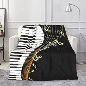 piano keys blanket for bed couch sofa,black and white piano keys and golden music notes throw blanket,soft cozy plush warm fuzzy musical instrument blanket,music gift for music lover 60″x50″