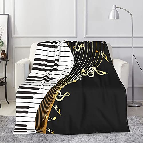 Piano Keys Blanket for Bed Couch Sofa,Black and White Piano Keys and Golden Music Notes Throw Blanket,Soft Cozy Plush Warm Fuzzy Musical Instrument Blanket,Music Gift for Music Lover 60"X50"