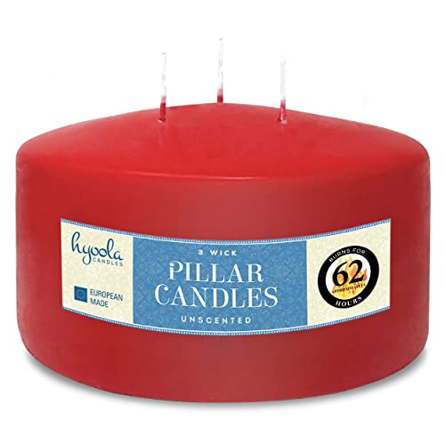 HYOOLA Red Three Wick Large Candle - 6 x 3 Inch - Unscented Big Pillar Candles - 62 Hour - European Made