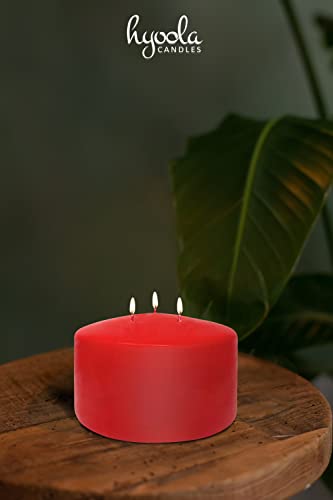 HYOOLA Red Three Wick Large Candle - 6 x 3 Inch - Unscented Big Pillar Candles - 62 Hour - European Made