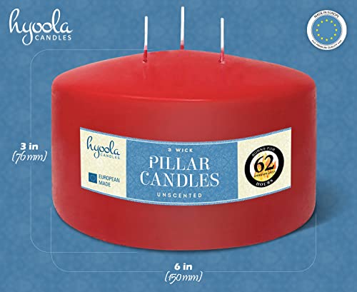 HYOOLA Red Three Wick Large Candle - 6 x 3 Inch - Unscented Big Pillar Candles - 62 Hour - European Made