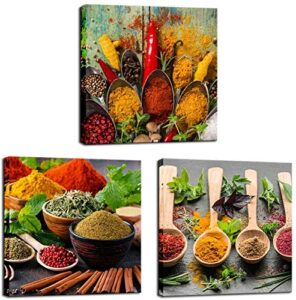 biuteawal 3 piece set spice and spoon wall art painting kitchen pictures wall decor herbs food the print on canvas for home dining room restaurant decoration ready to hang