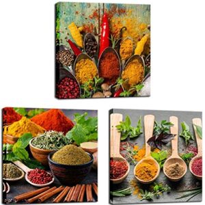 Biuteawal 3 Piece Set Spice and Spoon Wall Art Painting Kitchen Pictures Wall Decor Herbs Food The Print on Canvas for Home Dining Room Restaurant Decoration Ready to Hang