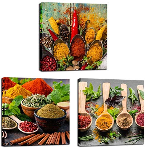 Biuteawal 3 Piece Set Spice and Spoon Wall Art Painting Kitchen Pictures Wall Decor Herbs Food The Print on Canvas for Home Dining Room Restaurant Decoration Ready to Hang