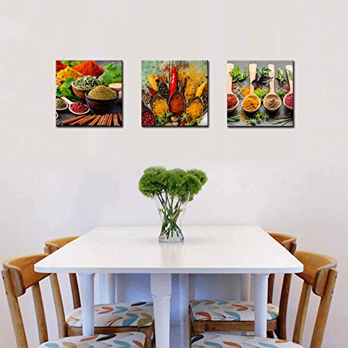 Biuteawal 3 Piece Set Spice and Spoon Wall Art Painting Kitchen Pictures Wall Decor Herbs Food The Print on Canvas for Home Dining Room Restaurant Decoration Ready to Hang