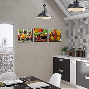 Biuteawal 3 Piece Set Spice and Spoon Wall Art Painting Kitchen Pictures Wall Decor Herbs Food The Print on Canvas for Home Dining Room Restaurant Decoration Ready to Hang