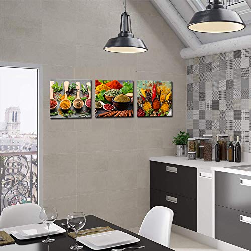 Biuteawal 3 Piece Set Spice and Spoon Wall Art Painting Kitchen Pictures Wall Decor Herbs Food The Print on Canvas for Home Dining Room Restaurant Decoration Ready to Hang