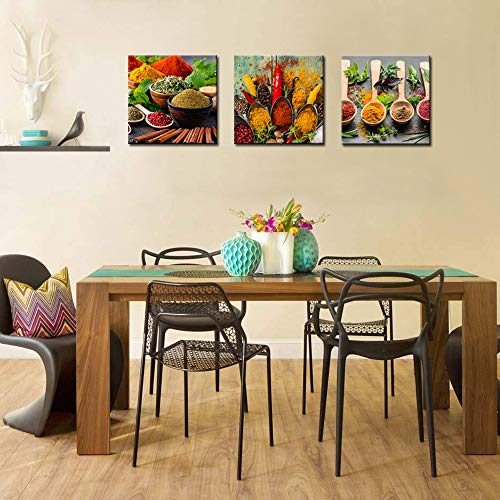 Biuteawal 3 Piece Set Spice and Spoon Wall Art Painting Kitchen Pictures Wall Decor Herbs Food The Print on Canvas for Home Dining Room Restaurant Decoration Ready to Hang