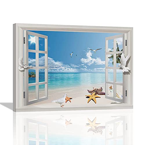 Beach Wall Art Beach Pictures Wall Decor 3D Window Art Starfish Blue Sea Coastal Painting Canvas Art Palm Tree Wall Decor Ocean Painting Tropical Wall Decor Framed for Bathroom Living Room Bedroom