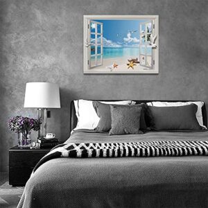 Beach Wall Art Beach Pictures Wall Decor 3D Window Art Starfish Blue Sea Coastal Painting Canvas Art Palm Tree Wall Decor Ocean Painting Tropical Wall Decor Framed for Bathroom Living Room Bedroom