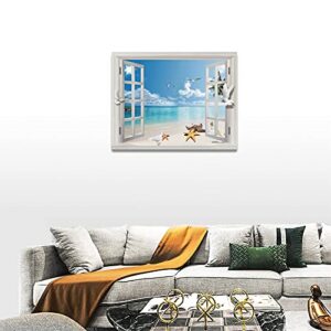 Beach Wall Art Beach Pictures Wall Decor 3D Window Art Starfish Blue Sea Coastal Painting Canvas Art Palm Tree Wall Decor Ocean Painting Tropical Wall Decor Framed for Bathroom Living Room Bedroom