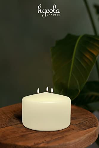 HYOOLA Ivory Three Wick Large Candle - 6 x 3 Inch - Unscented Big Pillar Candles - 62 Hour - European Made