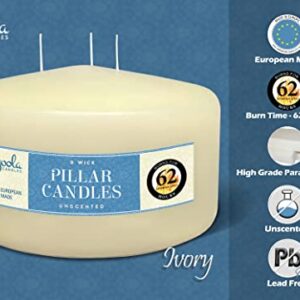 HYOOLA Ivory Three Wick Large Candle - 6 x 3 Inch - Unscented Big Pillar Candles - 62 Hour - European Made