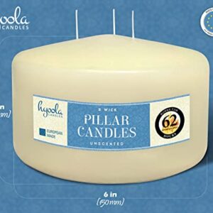 HYOOLA Ivory Three Wick Large Candle - 6 x 3 Inch - Unscented Big Pillar Candles - 62 Hour - European Made