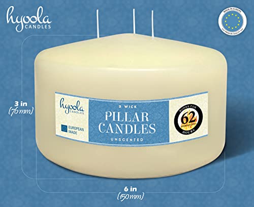 HYOOLA Ivory Three Wick Large Candle - 6 x 3 Inch - Unscented Big Pillar Candles - 62 Hour - European Made