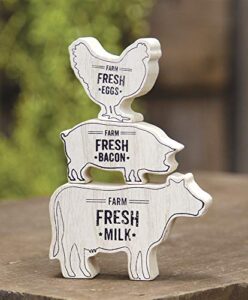 oskal farmhouse animal wood shelf sitter stack – set of 3 – cow pig chicken – fresh milk fresh bacon fresh eggs – country distressed decor