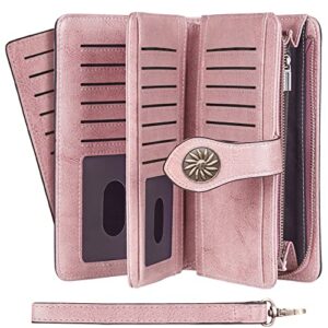 Travelambo Womens Wallet Large Capacity RFID Blocking Genuine Leather Wristlet Wallets(Pink)