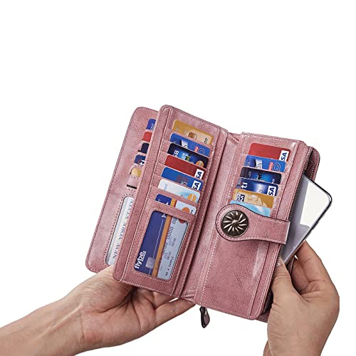 Travelambo Womens Wallet Large Capacity RFID Blocking Genuine Leather Wristlet Wallets(Pink)