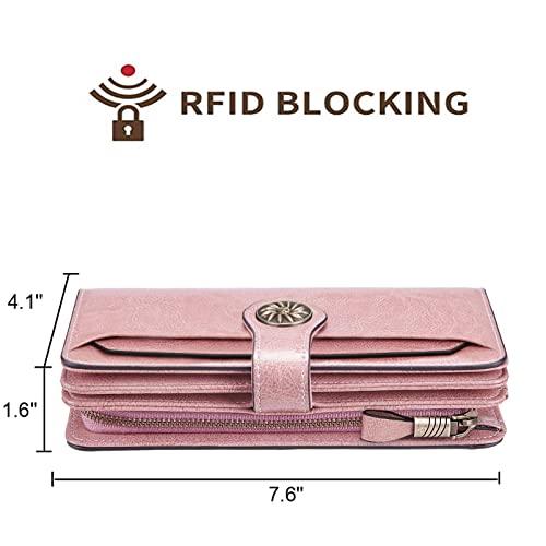 Travelambo Womens Wallet Large Capacity RFID Blocking Genuine Leather Wristlet Wallets(Pink)