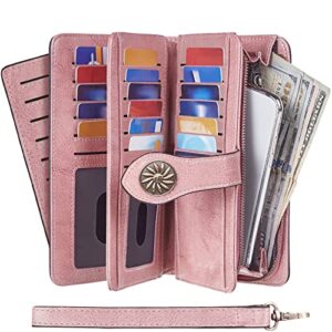 Travelambo Womens Wallet Large Capacity RFID Blocking Genuine Leather Wristlet Wallets(Pink)