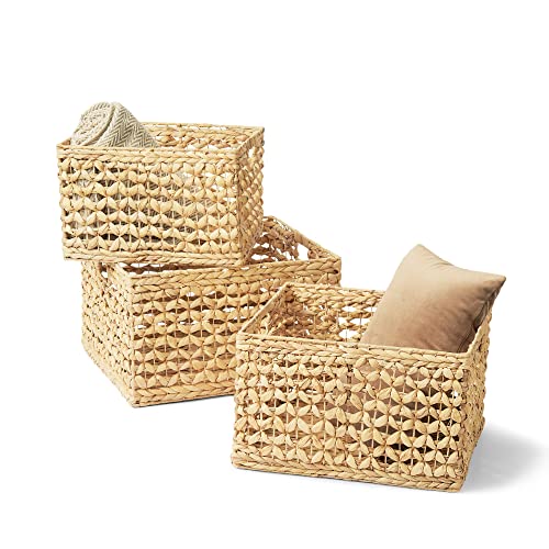 Artera Oversize Wicker Storage Basket - Set of 3 Woven Water Hyacinth Blanket Baskets with Handle, Rectangular Natural Nesting Floor Storage Bins for Living Room, Bedroom or Laundry Room