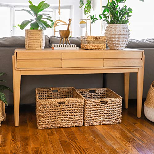 Artera Oversize Wicker Storage Basket - Set of 3 Woven Water Hyacinth Blanket Baskets with Handle, Rectangular Natural Nesting Floor Storage Bins for Living Room, Bedroom or Laundry Room