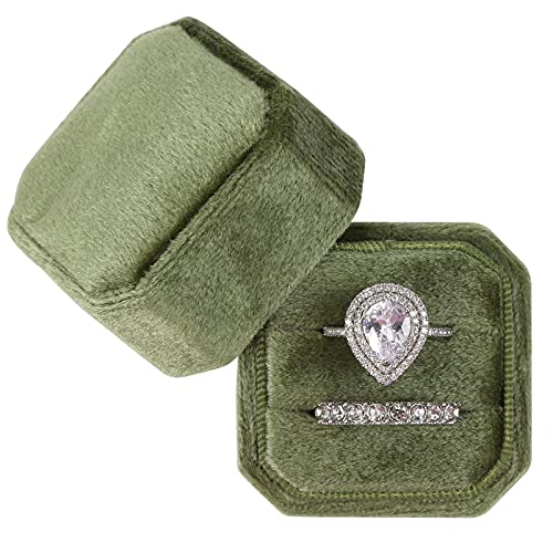 NicGor Velvet Ring Box Double Slots, Gift for Proposals Engagement and Wedding Band Photographs - Octagon Jewelry Ring Boxes (Olive Green)