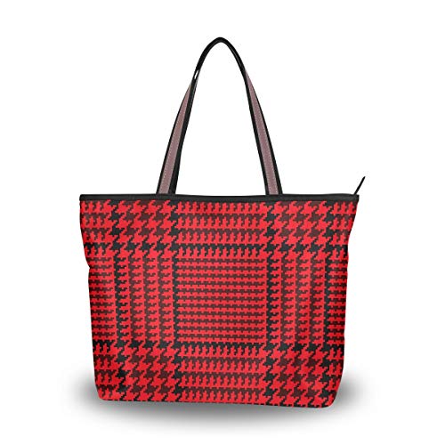 LINQIN Medium Tote Bags Shoulder Bag Handbags for Women Mom School Work Gift Shopping - Red Black Houndstooth