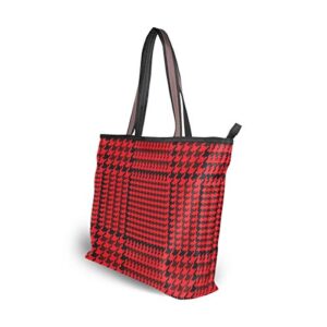 LINQIN Medium Tote Bags Shoulder Bag Handbags for Women Mom School Work Gift Shopping - Red Black Houndstooth