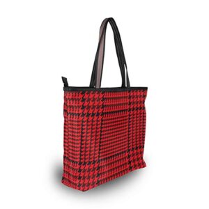 LINQIN Medium Tote Bags Shoulder Bag Handbags for Women Mom School Work Gift Shopping - Red Black Houndstooth