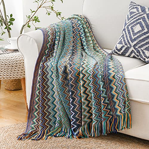 BATTILO HOME Boho Throw Blanket,Teal Throw Blankets for Couch Bed Sofa,Soft Cozy Knit Blanket with Tassel,Fall Decor Blanket Throw Outdoor Lightweight Afghan Blanket, 50"x80" (Blue)