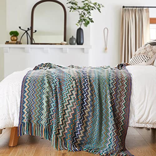 BATTILO HOME Boho Throw Blanket,Teal Throw Blankets for Couch Bed Sofa,Soft Cozy Knit Blanket with Tassel,Fall Decor Blanket Throw Outdoor Lightweight Afghan Blanket, 50"x80" (Blue)