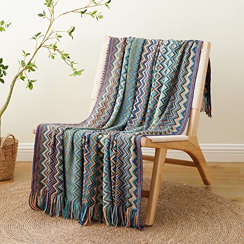 BATTILO HOME Boho Throw Blanket,Teal Throw Blankets for Couch Bed Sofa,Soft Cozy Knit Blanket with Tassel,Fall Decor Blanket Throw Outdoor Lightweight Afghan Blanket, 50"x80" (Blue)