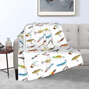 fishing bait flannel blanket different bash fish hooks fishing lures hobby pastime hooks throw blankets for kids adults, super soft lightweight fluffy sofa office fleece plush blanket 50″x40″