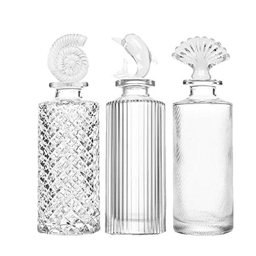 Clear Vintage Glass Bottles with Stopper Set of 3, Embossed Glass Bottles, Reed Diffuser Sets, Apothecary Flower Bud Vases, SC036