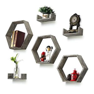 AlphaCo Rustic Wall Mounted Hexagonal Shelves for Living Room, Bedroom, Office or for Home Supplies in Bathroom or Kitchen, Round Wall Shelf, Set of 6 - Rustic Gray Wood 3 Hexagon Shelves-Boxes