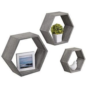 AlphaCo Rustic Wall Mounted Hexagonal Shelves for Living Room, Bedroom, Office or for Home Supplies in Bathroom or Kitchen, Round Wall Shelf, Set of 6 - Rustic Gray Wood 3 Hexagon Shelves-Boxes