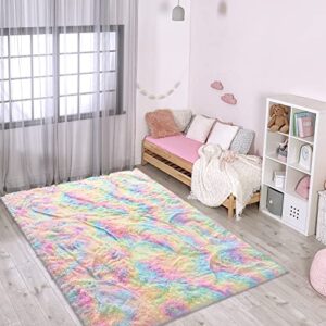 beglad soft rainbow fluffy area rug modern shaggy colorful bedroom rugs for kids room extra comfy nursery rug floor carpets boys girls fuzzy shag fur home decor rug, 3 ft x 5 ft